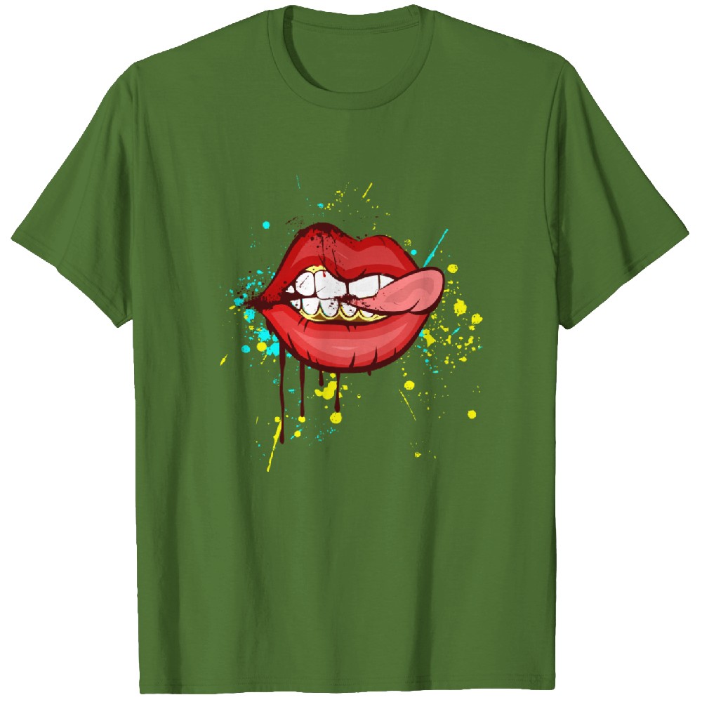 Red Lips Biting Tongue Attitude Street Art Punk T-shirt