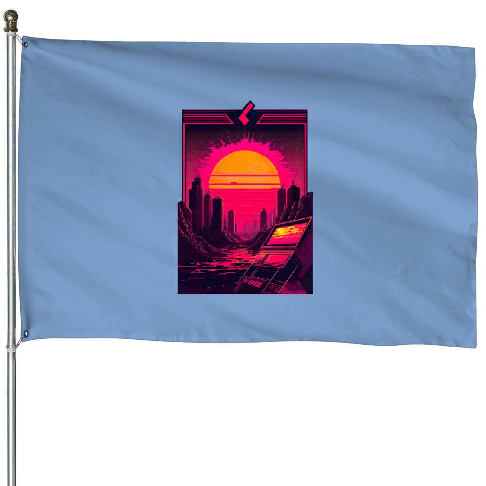 Synthwave Sun Over A Post-Apocalyptic City By Nightarcade House Flags