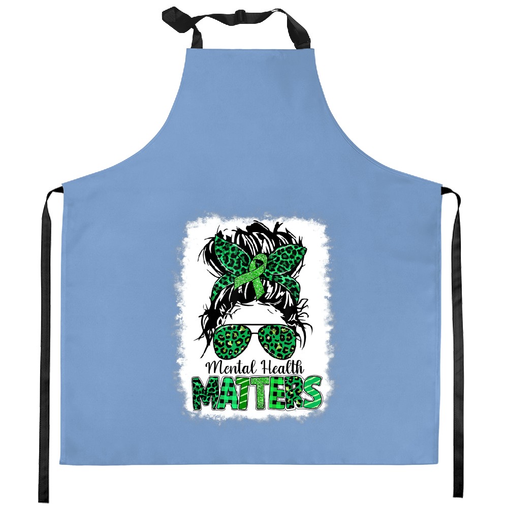 Mental Health Matters Awareness Messy Bun Leopard Green T- Kitchen Aprons