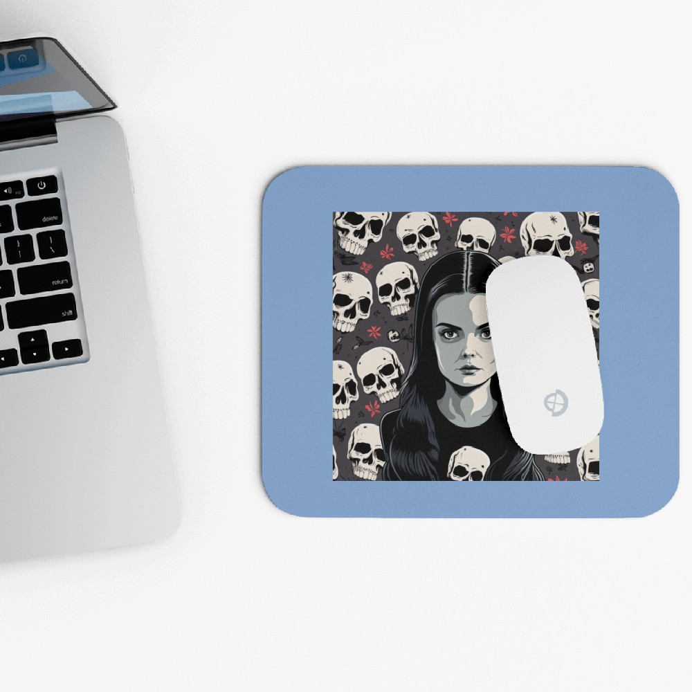 Addams Family Wednesday With Skulls Premium Scoop Mouse Pads