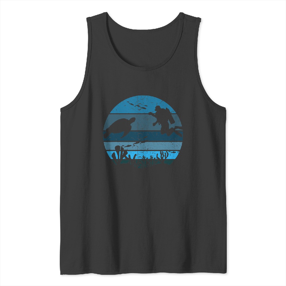 Vintage Scuba Diver Diving Turtle Diver Father Tank Tops